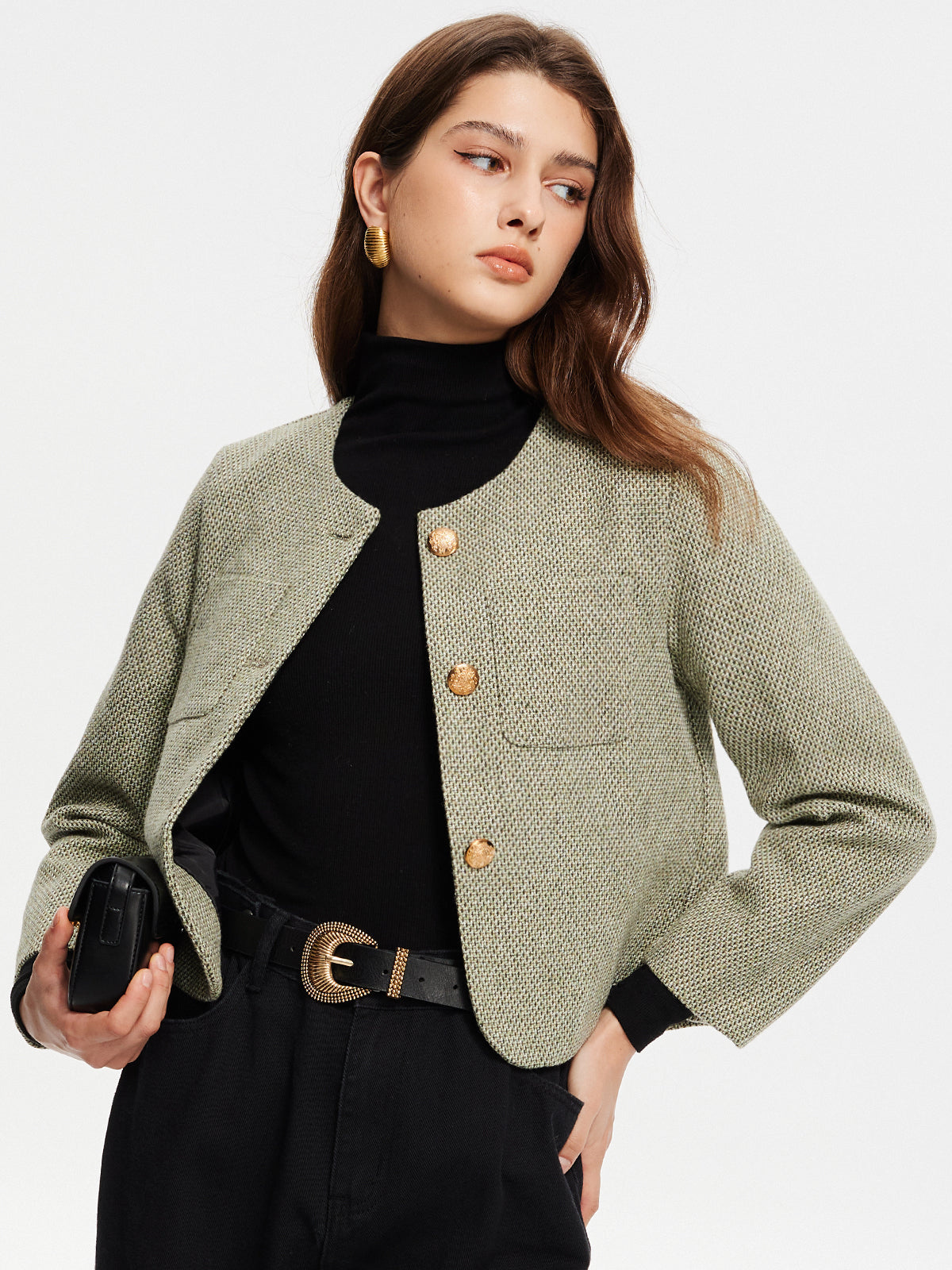 Round Neck Pockets Tweed Jacket – COMMENSE