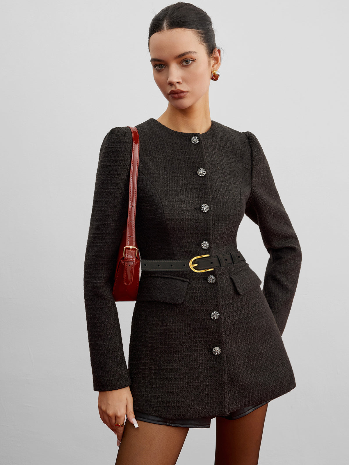 Elegant Button Down Tweed Blazer Without Belt | COMMENSE