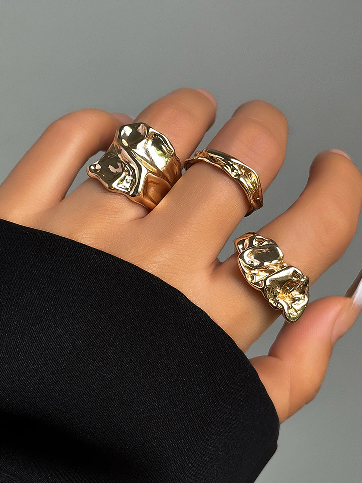 Three-Piece Irregular Golden Tone Ring Set | COMMENSE