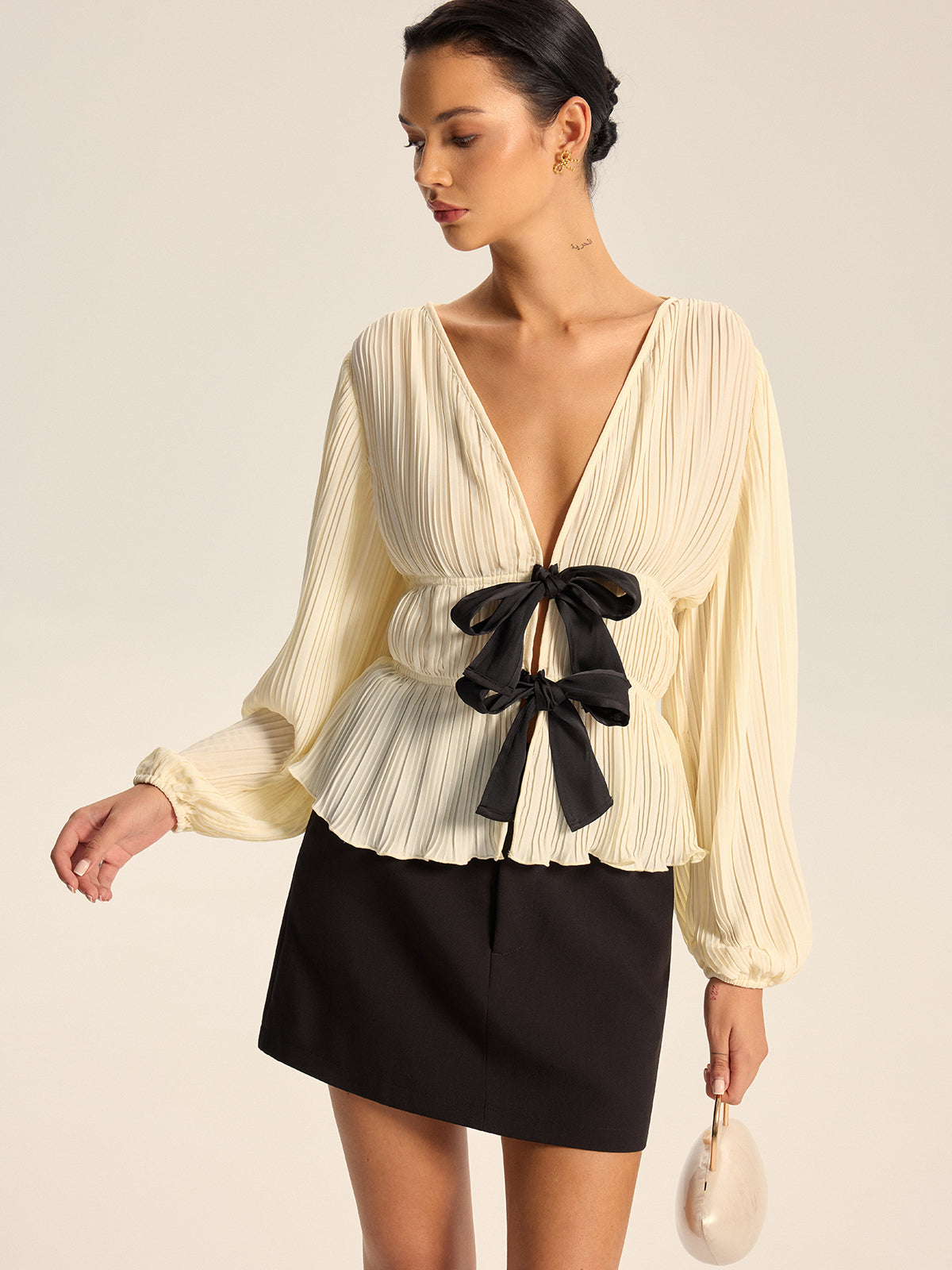 Pleated V-Neck Bow Blouse – COMMENSE
