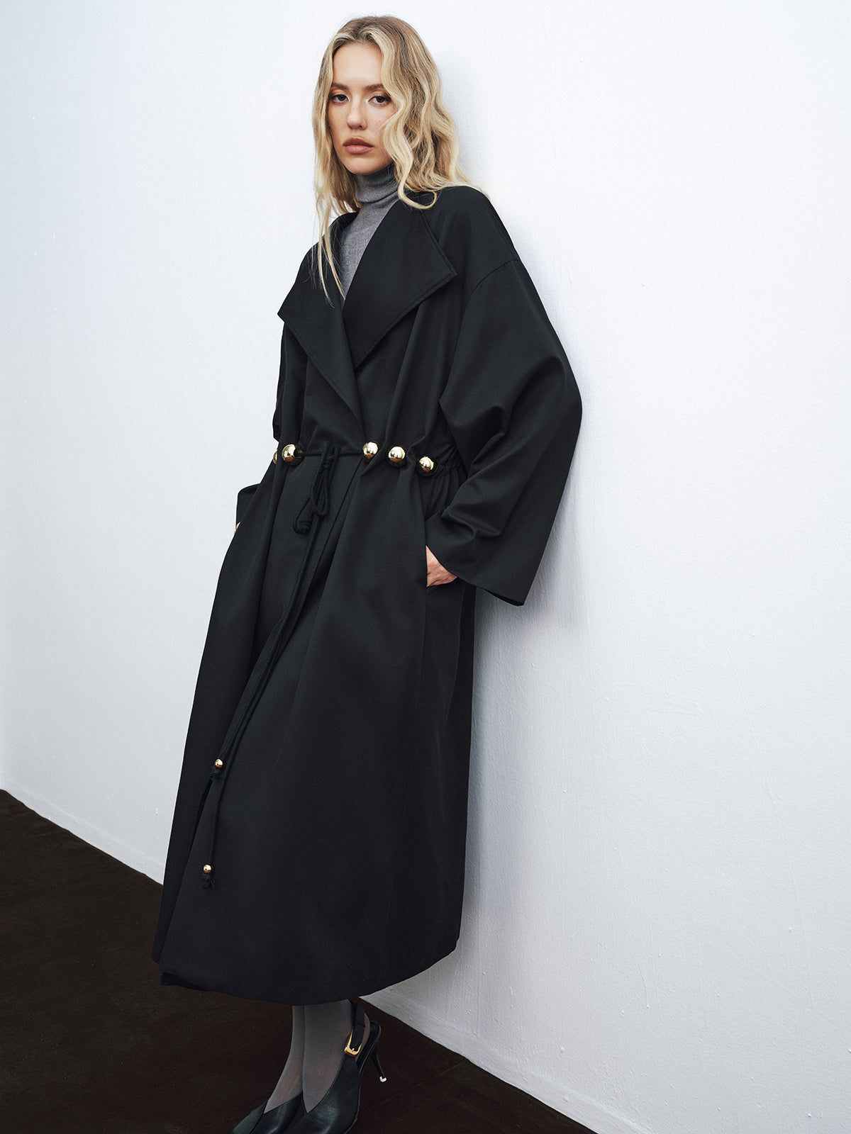 Metal Detail Tie-Belt Oversized Long Trench Coat | COMMENSE