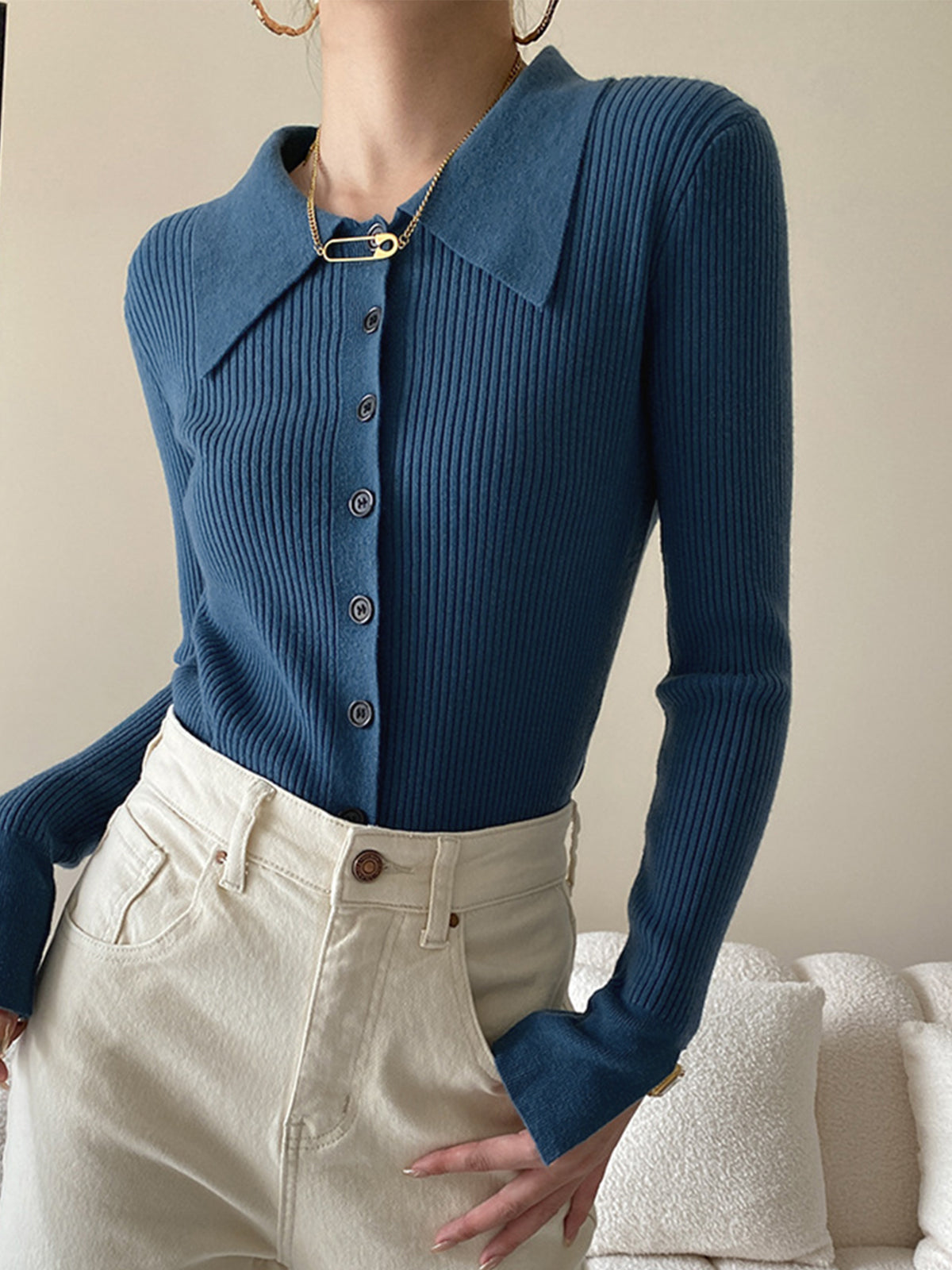 Collared Button Up Knit Top | COMMENSE