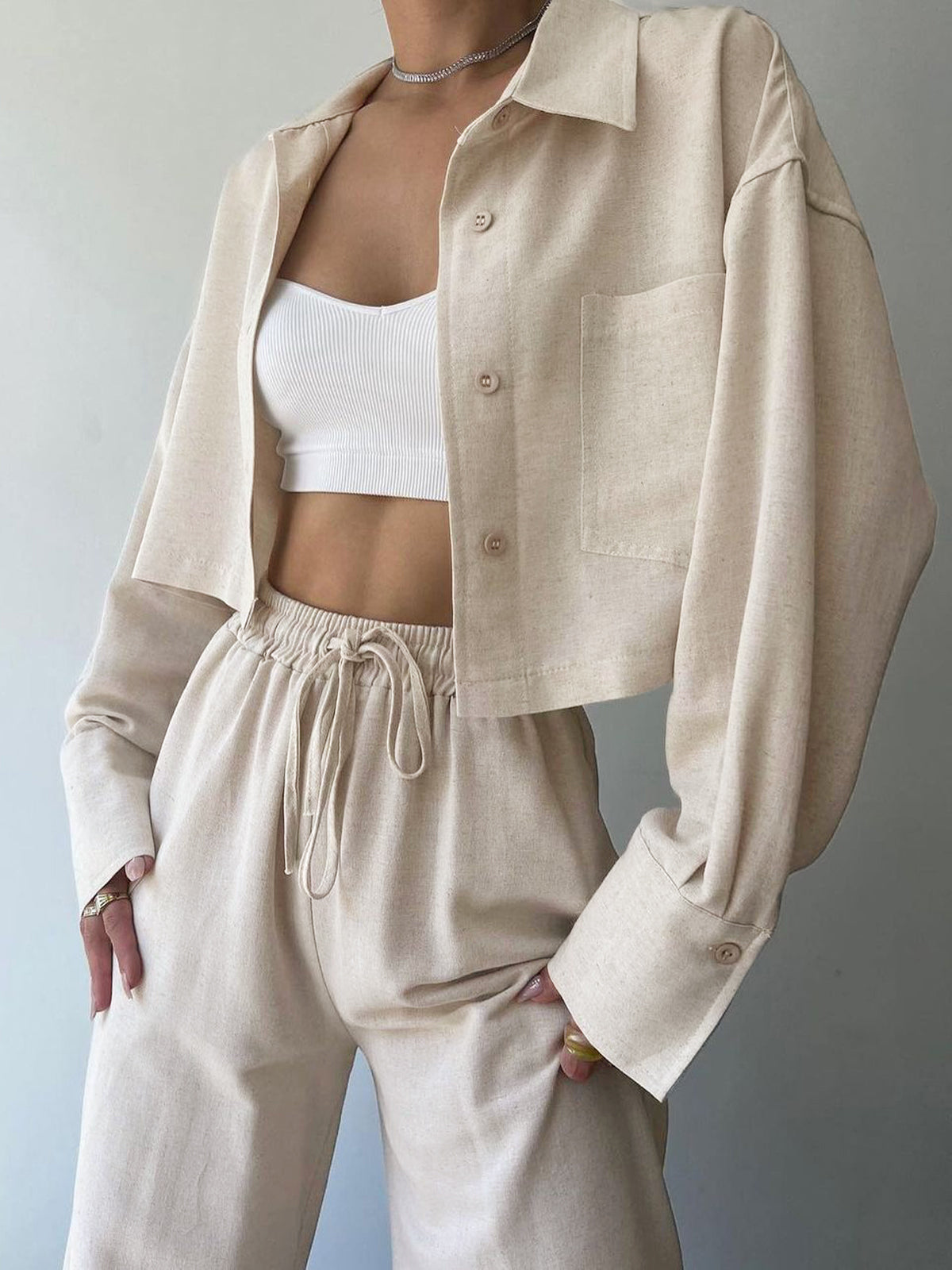Collared Drawstring Two Piece Pants Set | COMMENSE