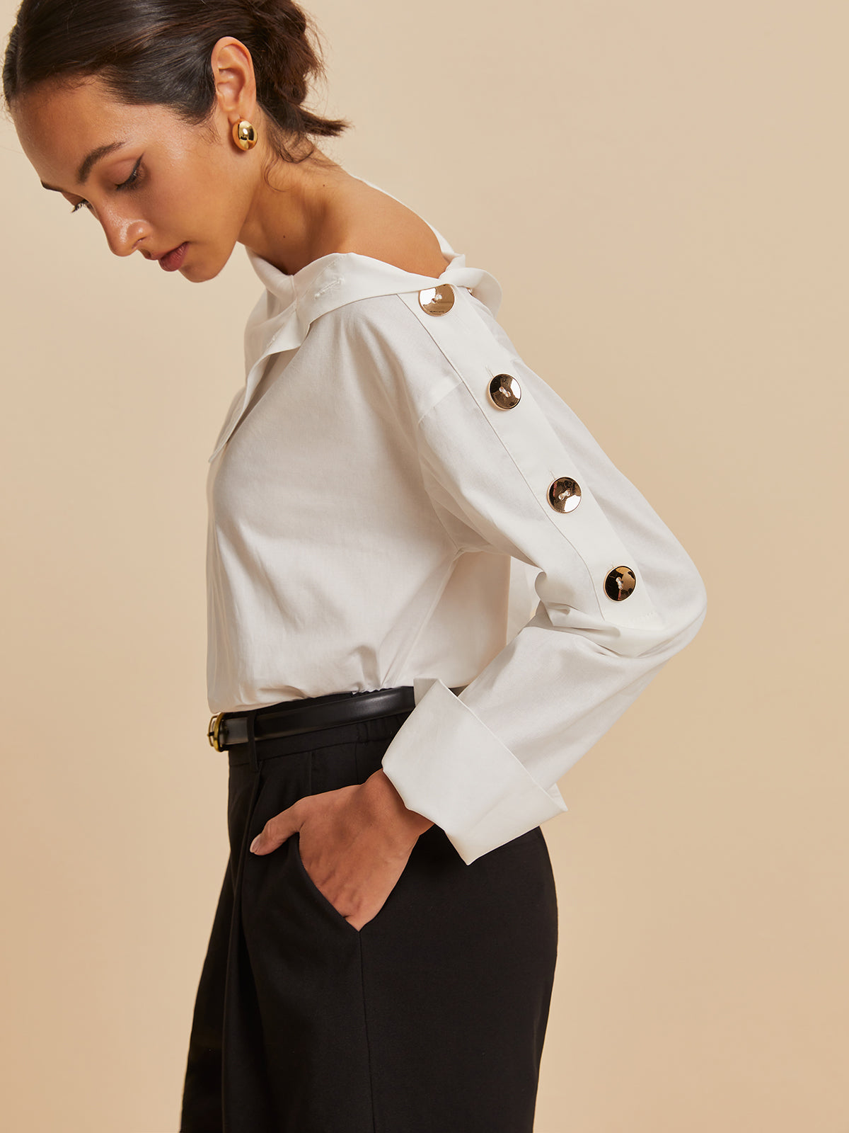 Cotton Asymmetrical Metal Button Shirt | COMMENSE