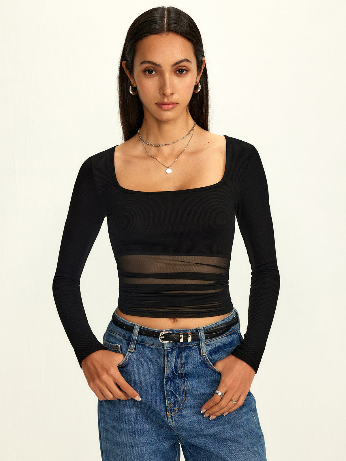Mesh Square Neck Semi-Sheer T-Shirt – COMMENSE