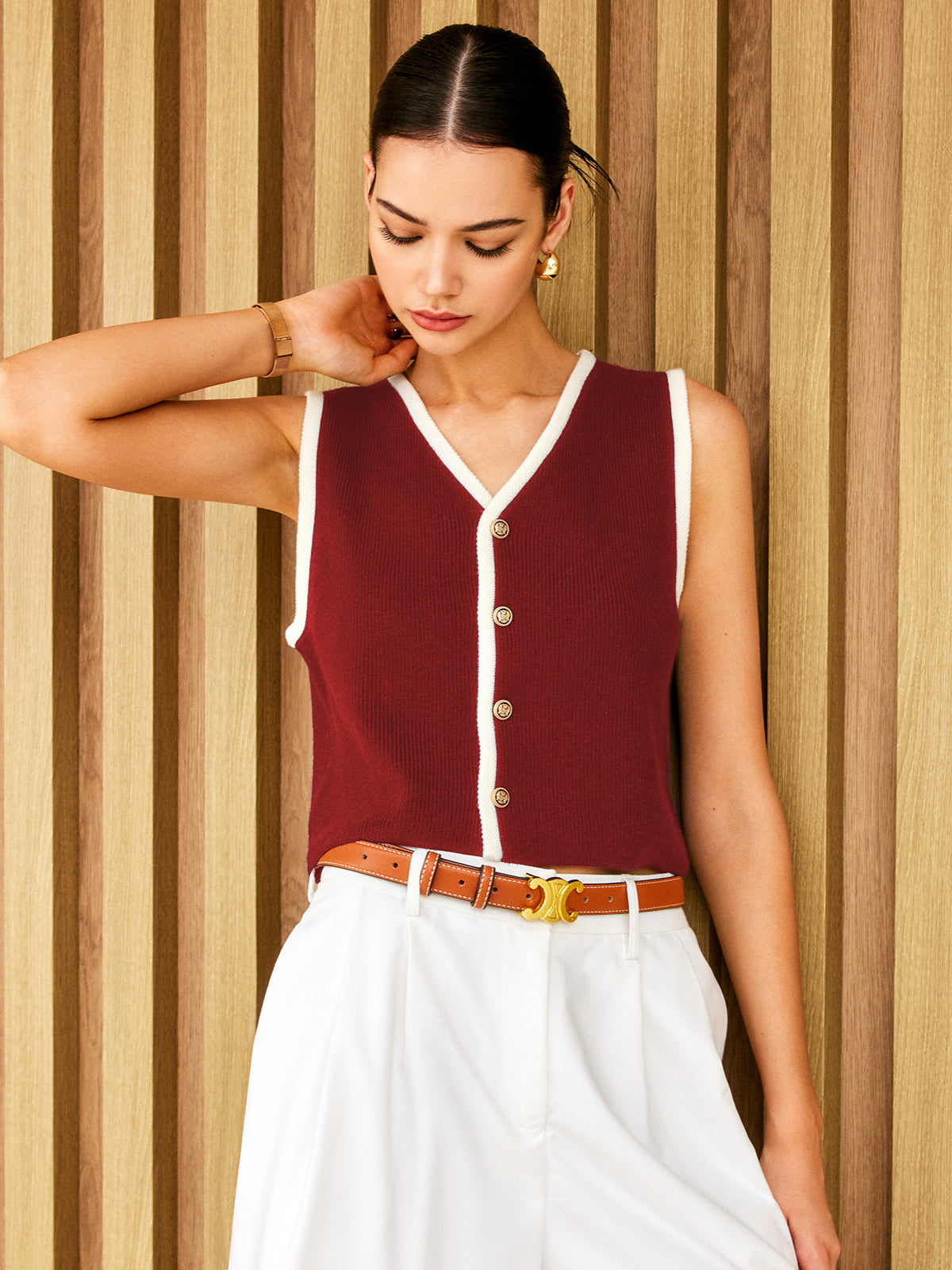 Contrast Binding Golden Button Sweater Vest | COMMENSE