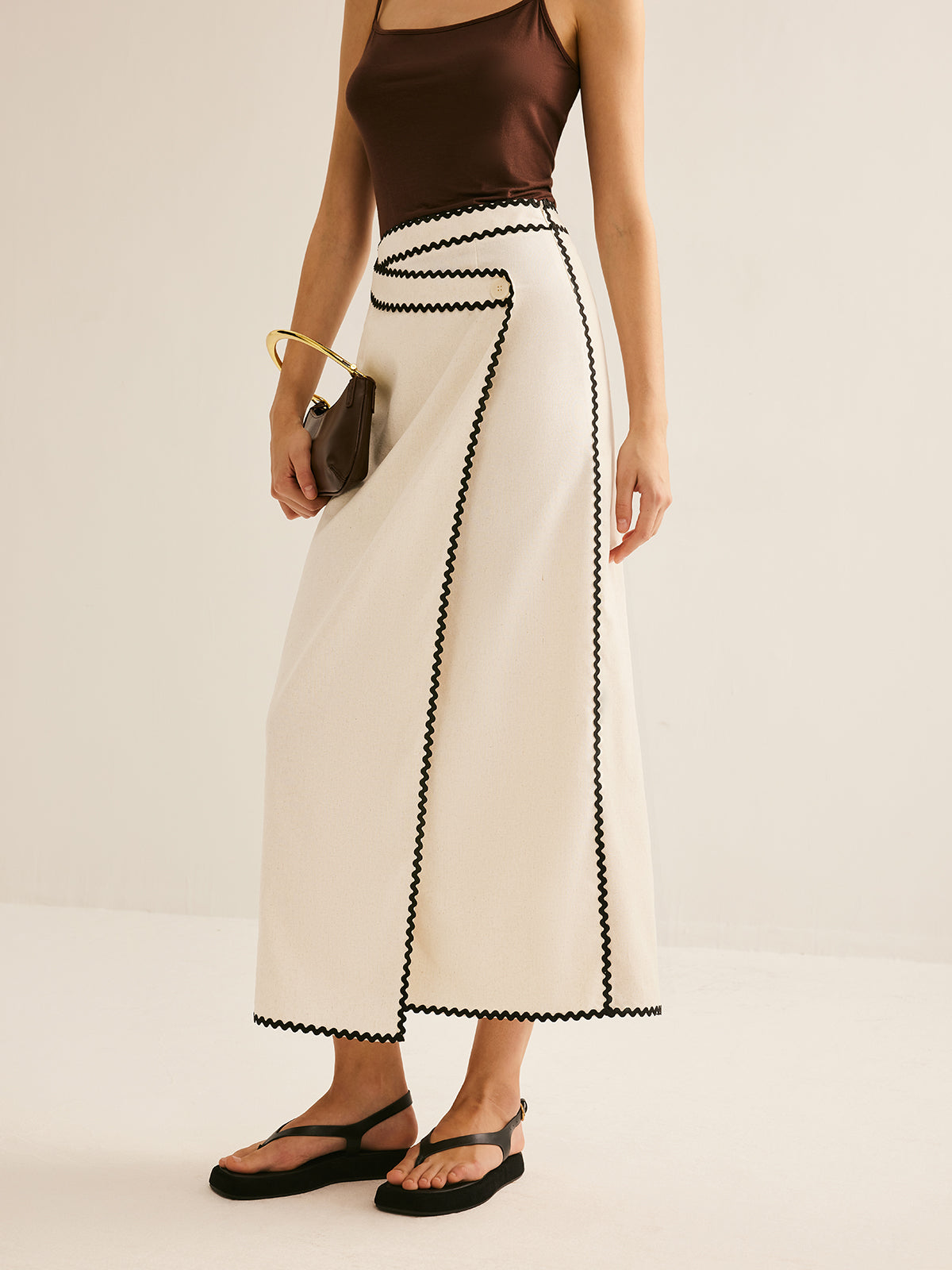 Cotton & Linen Wave Trim Midi Skirt | COMMENSE