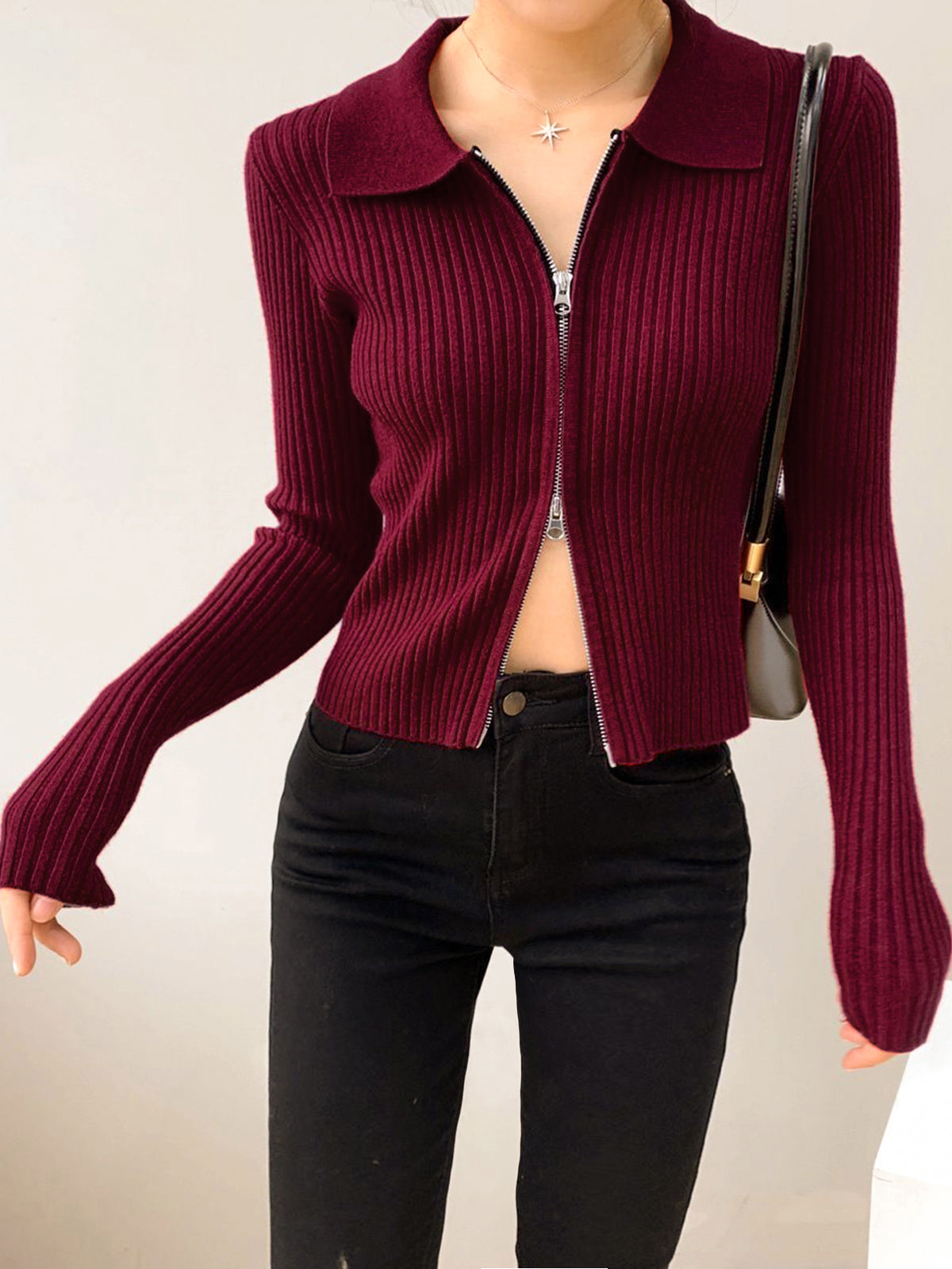 Double-Zip Ribbed Petite Sweater | COMMENSE