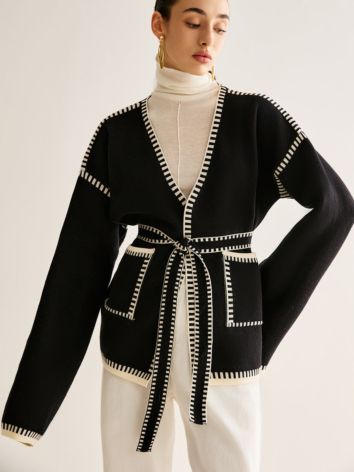 Contrast Binding Split Cardigan With Belt | COMMENSE