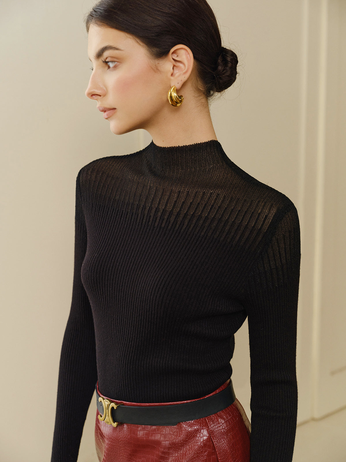Stand Collar Panel Knit Top | COMMENSE