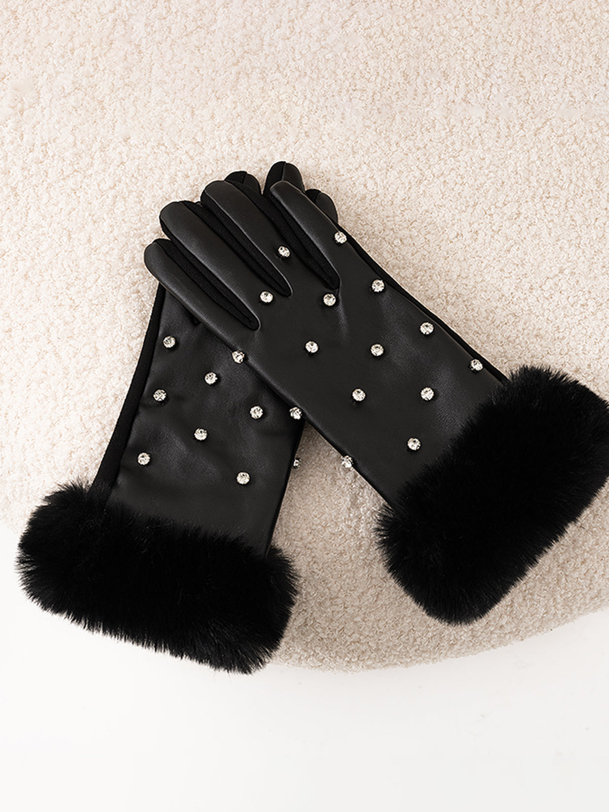 Rhinestone Fuzzy Cuff Warm Gloves | COMMENSE