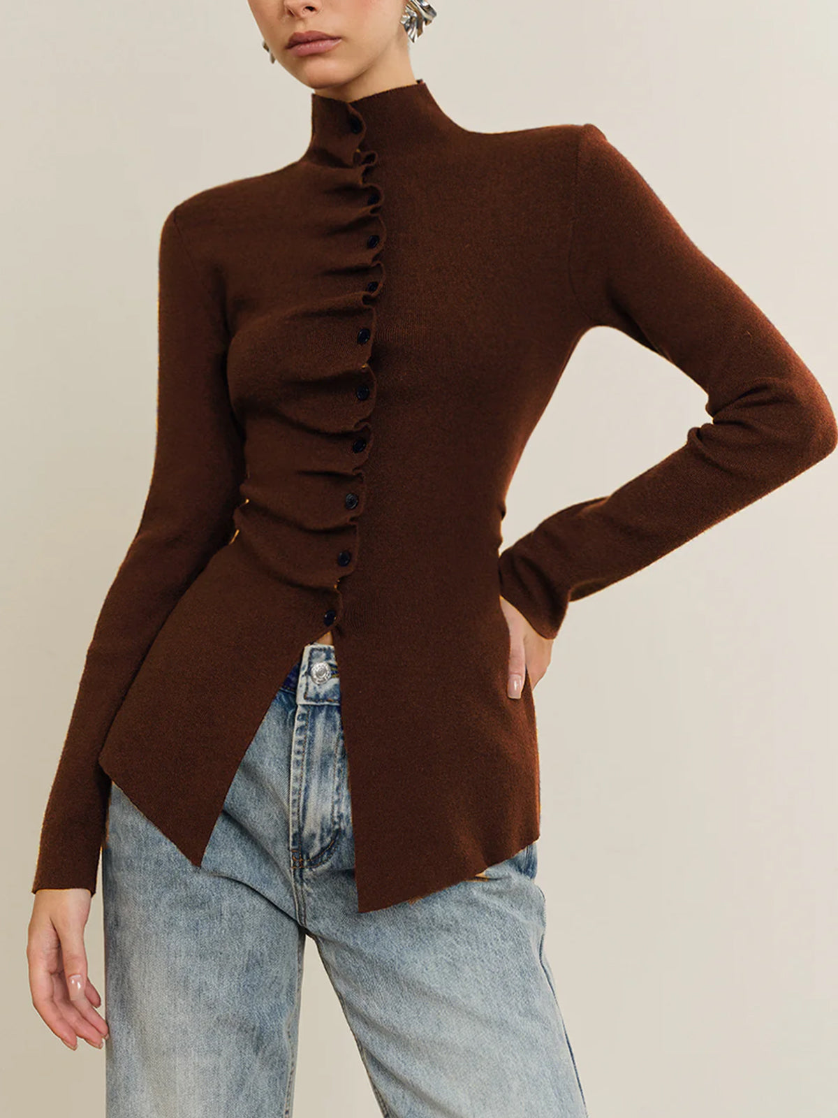 Button Pleated Split Knit Top | COMMENSE
