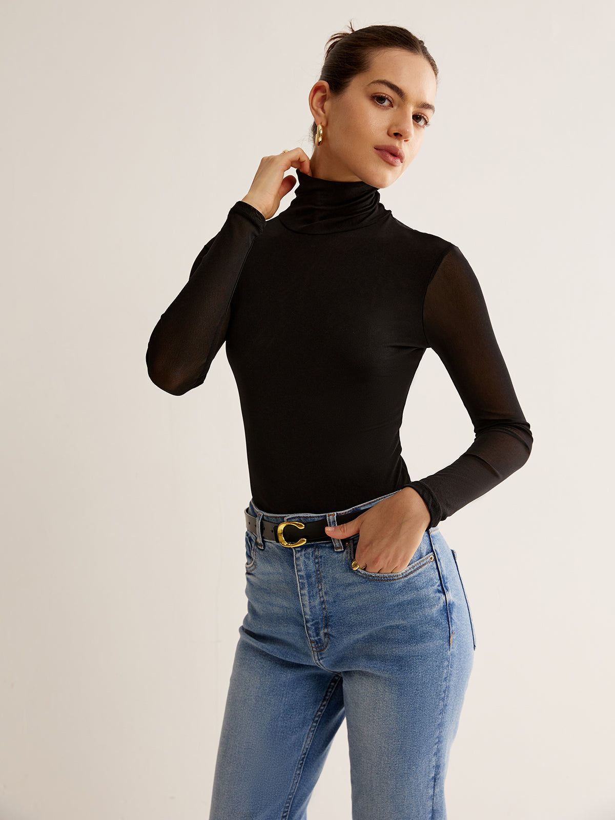 Turtleneck Sheer Sleeve Jersey Top | COMMENSE