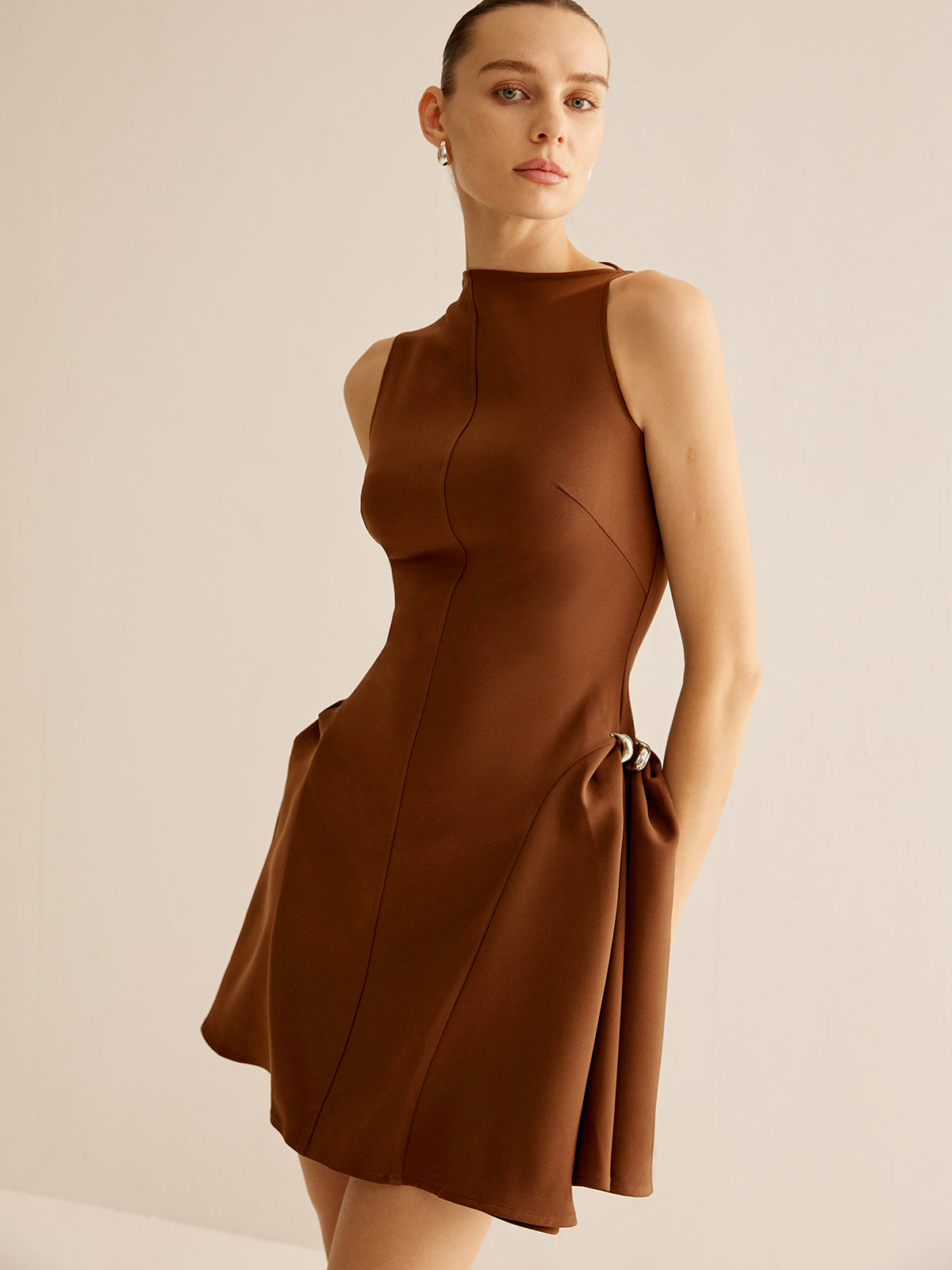 Asymmetrical Collar Panel Ruched Dress | COMMENSE