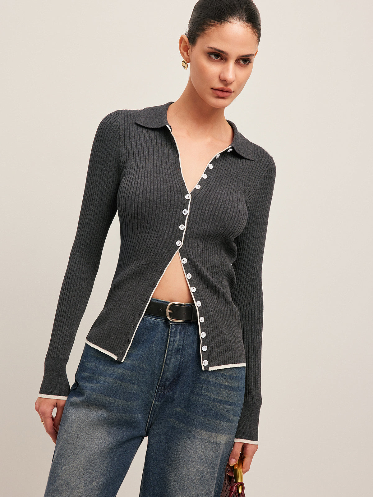 Ribbed Button-Front Cropped Cardigan | COMMENSE