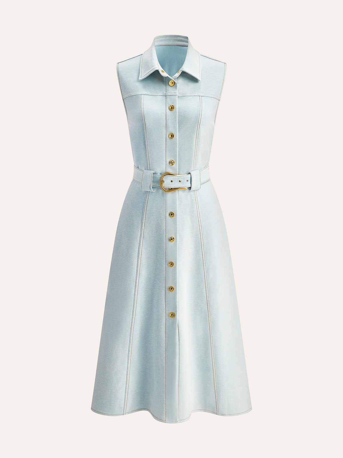 Belted Button-Front Denim Dress | COMMENSE