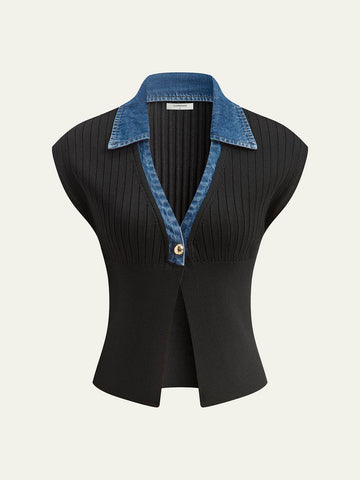 Denim Trim Ribbed Knit Top | COMMENSE