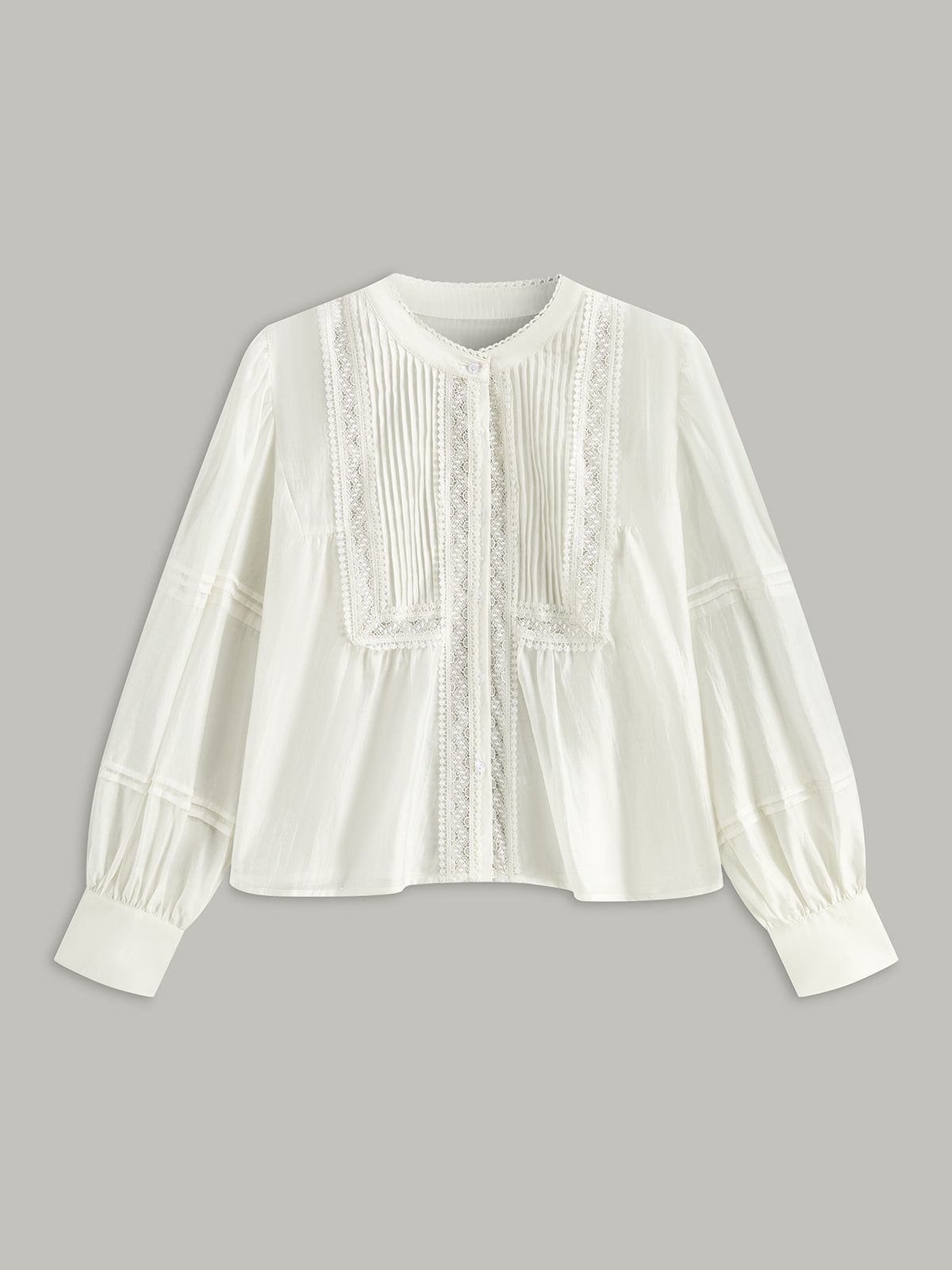 Pleated Lace Trim Button-Up Blouse | COMMENSE