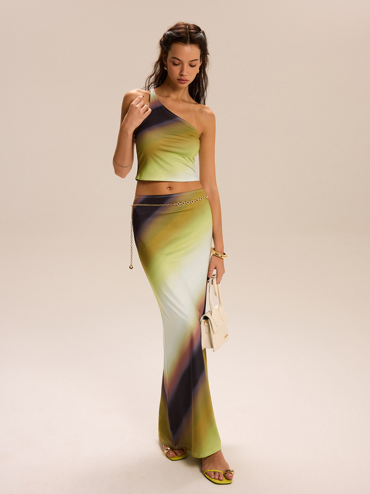 Gradient Print One-Shoulder Skirt Set | COMMENSE