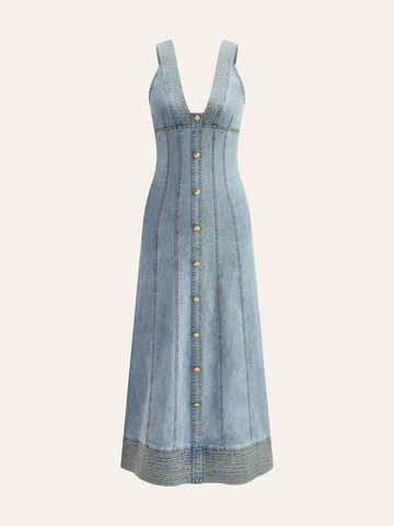 Button-Front Denim Sleeveless Dress | COMMENSE