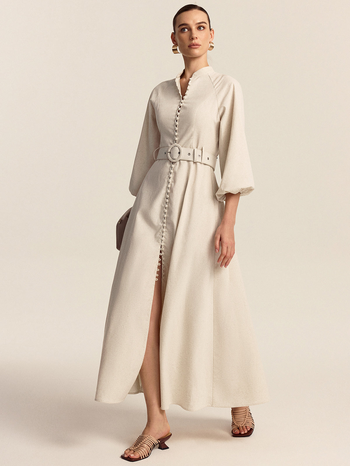 Belted Button Front Maxi Dress | COMMENSE