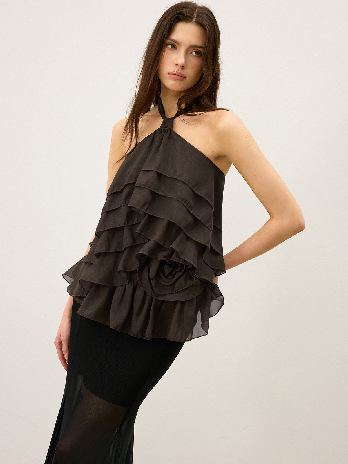 Tiered Ruffle Chiffon Halter Top with 3D Flower | COMMENSE