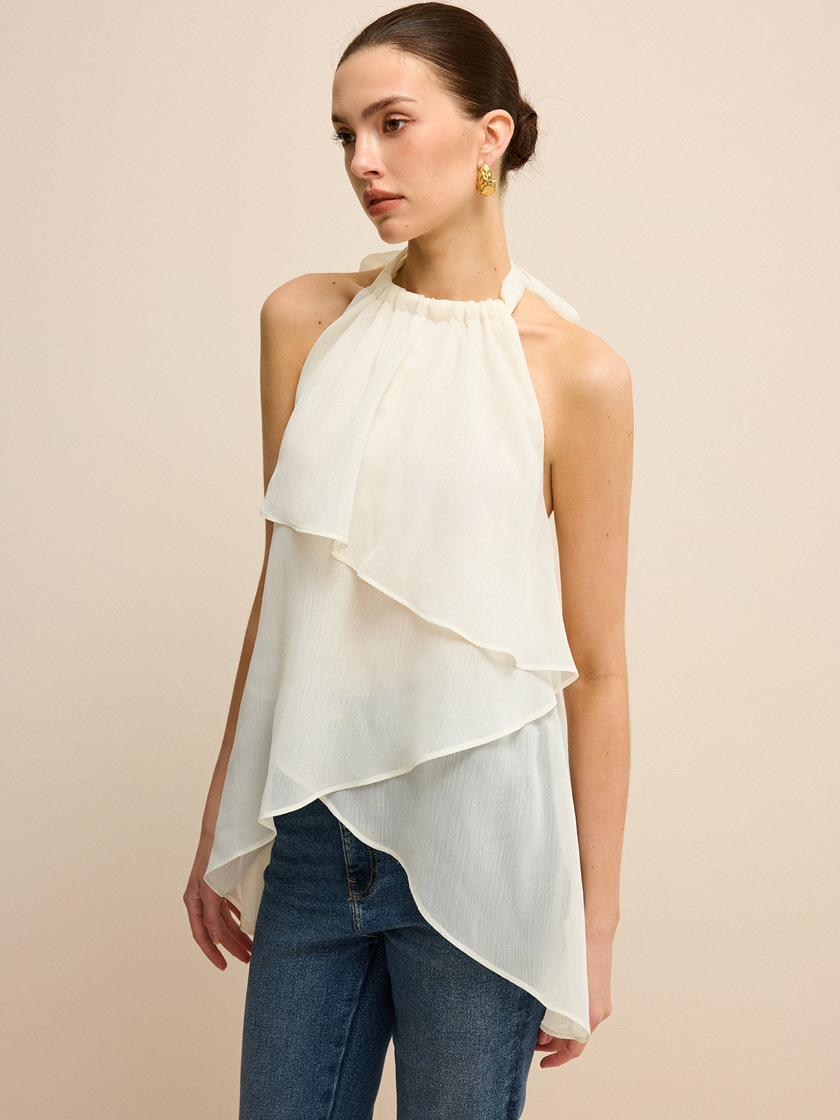 Semi-Sheer Layered Asymmetric Halter Chiffon Top | COMMENSE