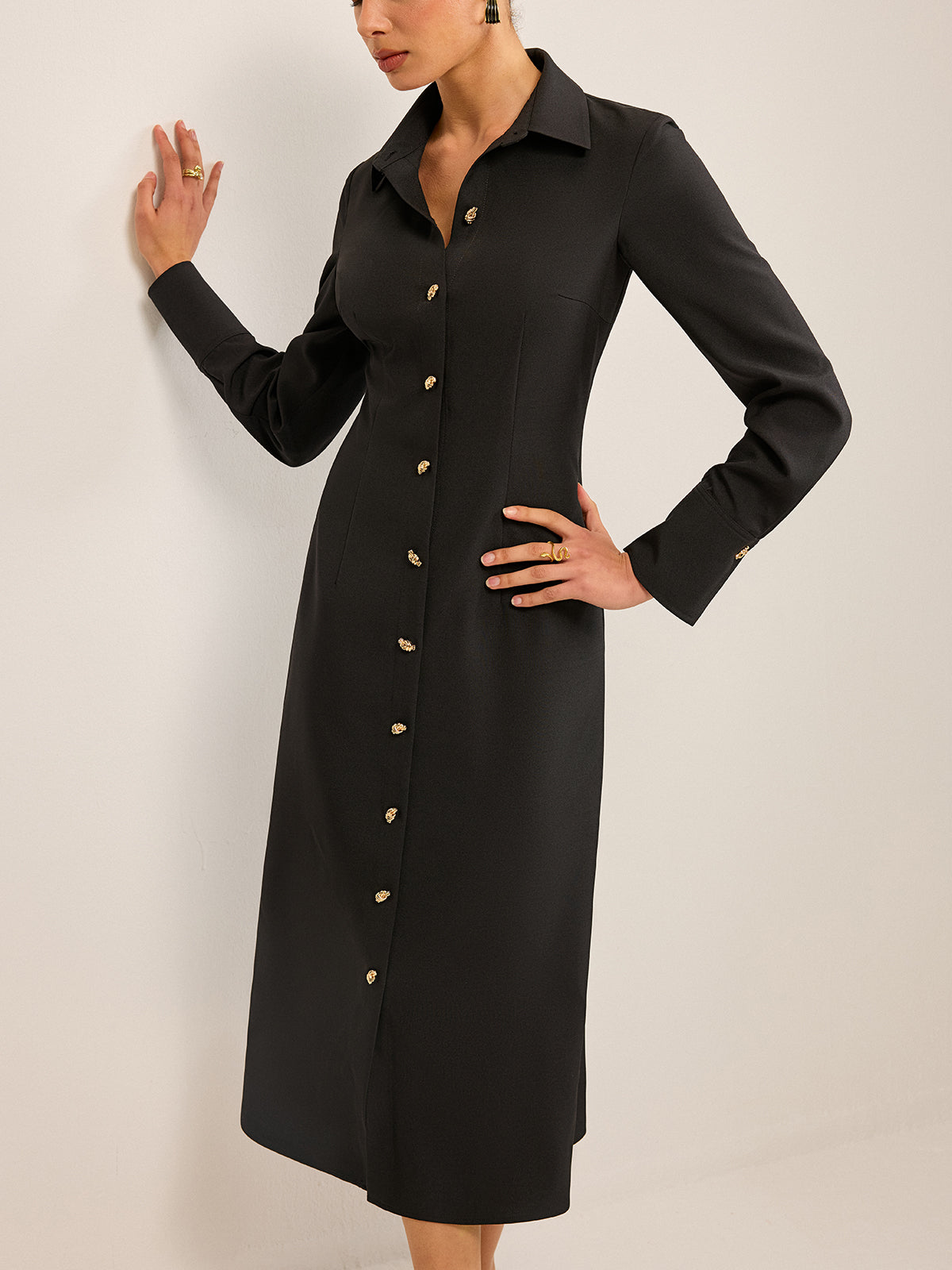 Long Sleeve Button-Front Shirt Dress | COMMENSE