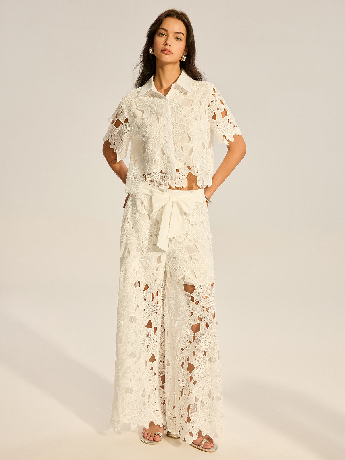 Lace Crochet Cut-Out Top and Wide-Leg Pants Set – COMMENSE