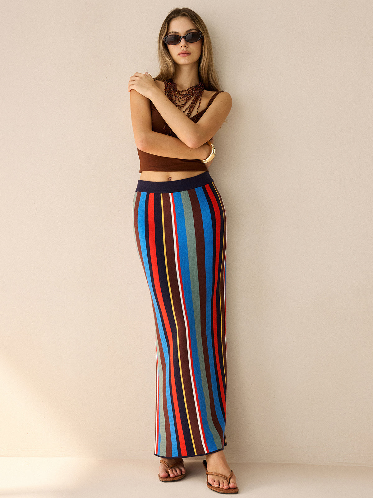 Colorful Striped Knit Maxi Skirt | COMMENSE