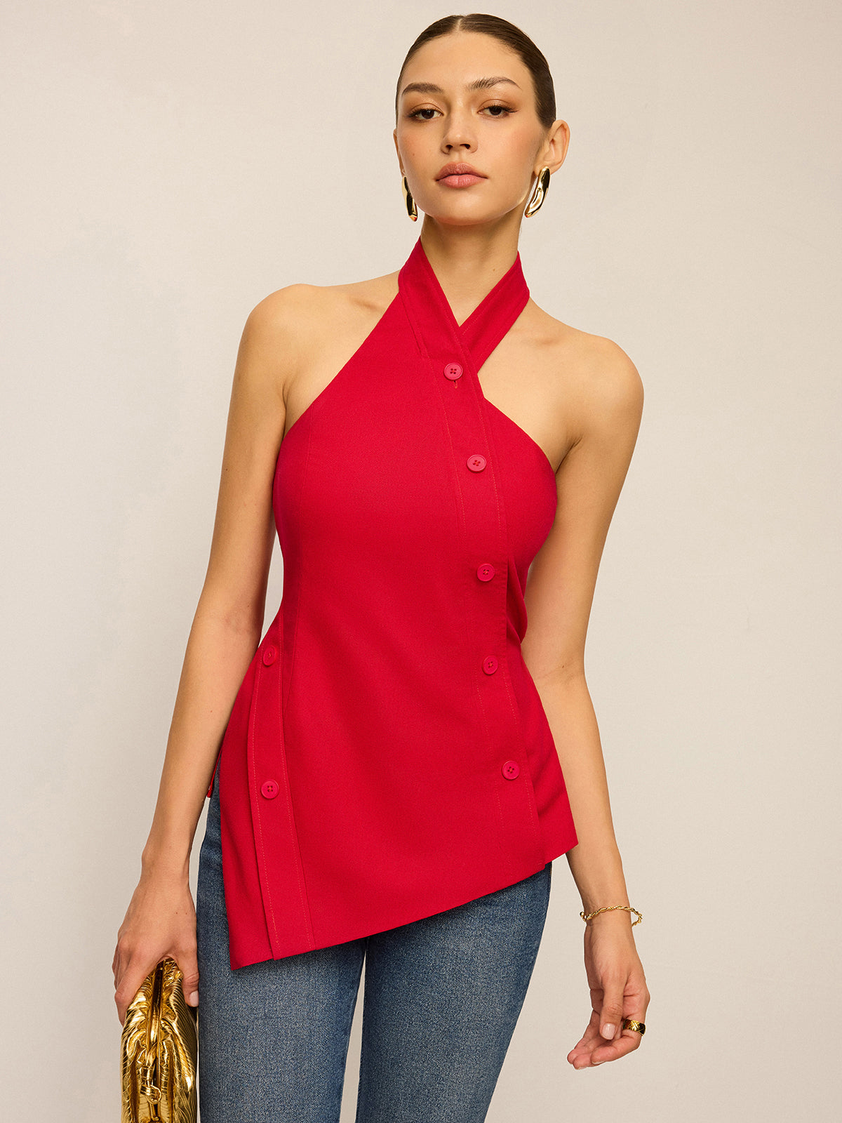 Asymmetric Halter Neck Button Top | COMMENSE