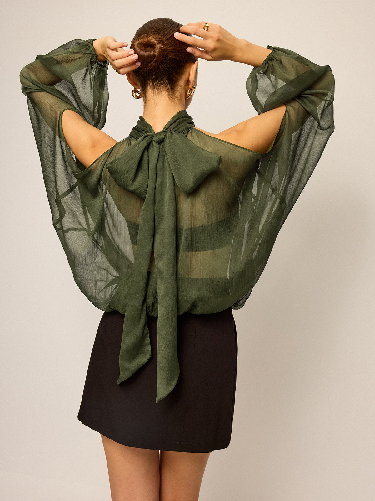 Sheer Halter Neck Cut-Out Sleeve Top with Bow Back | COMMENSE