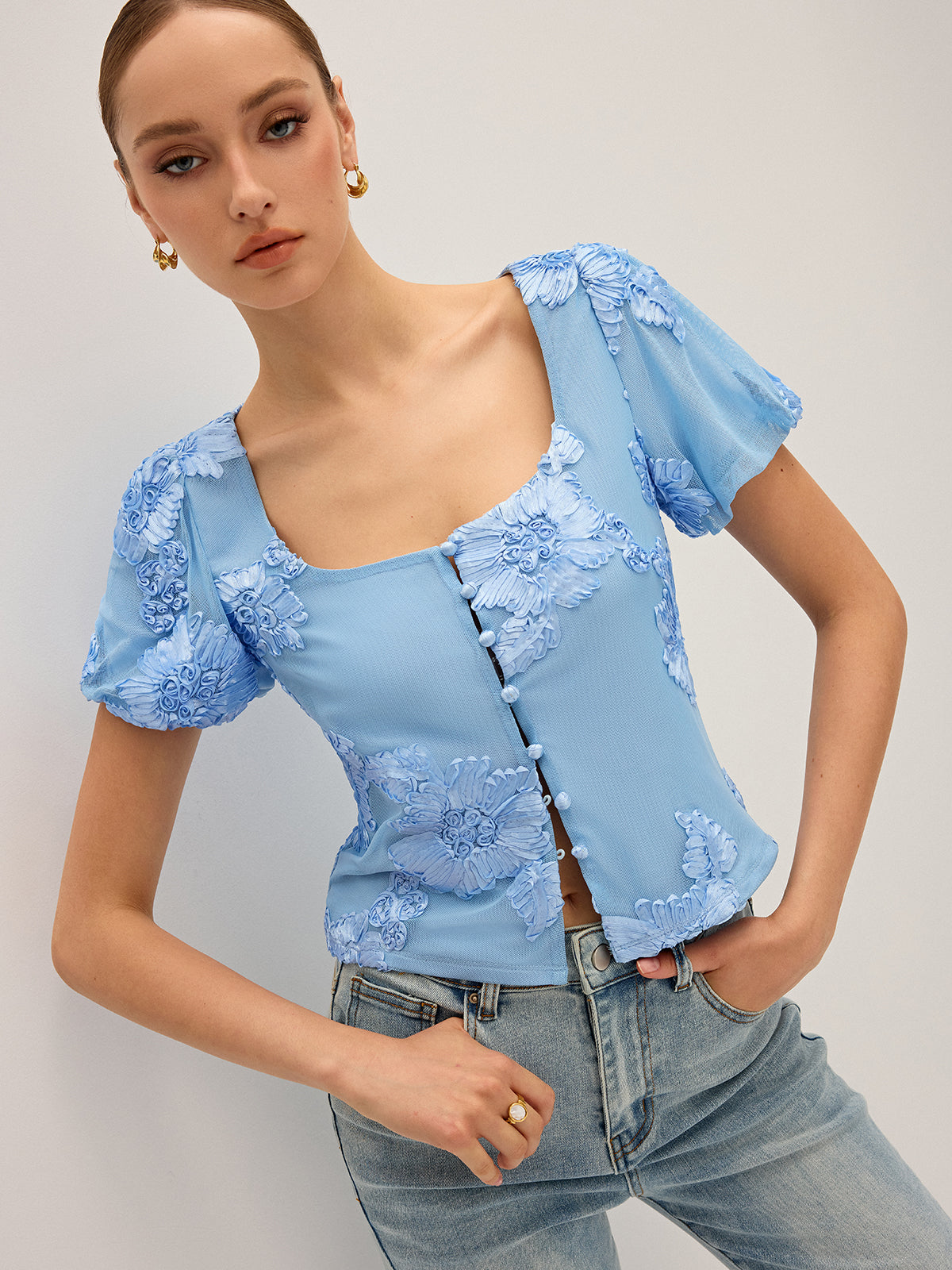 Floral Embroidered Square Neck Mesh Top | COMMENSE