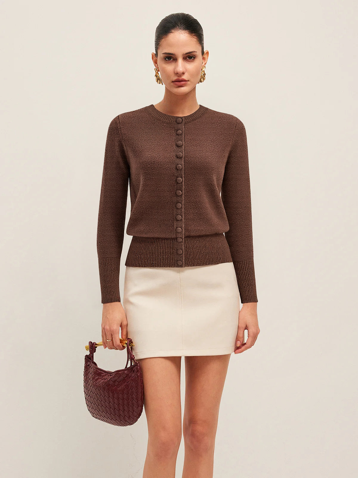 Crew Neck Button-Front Knit Cardigan | COMMENSE