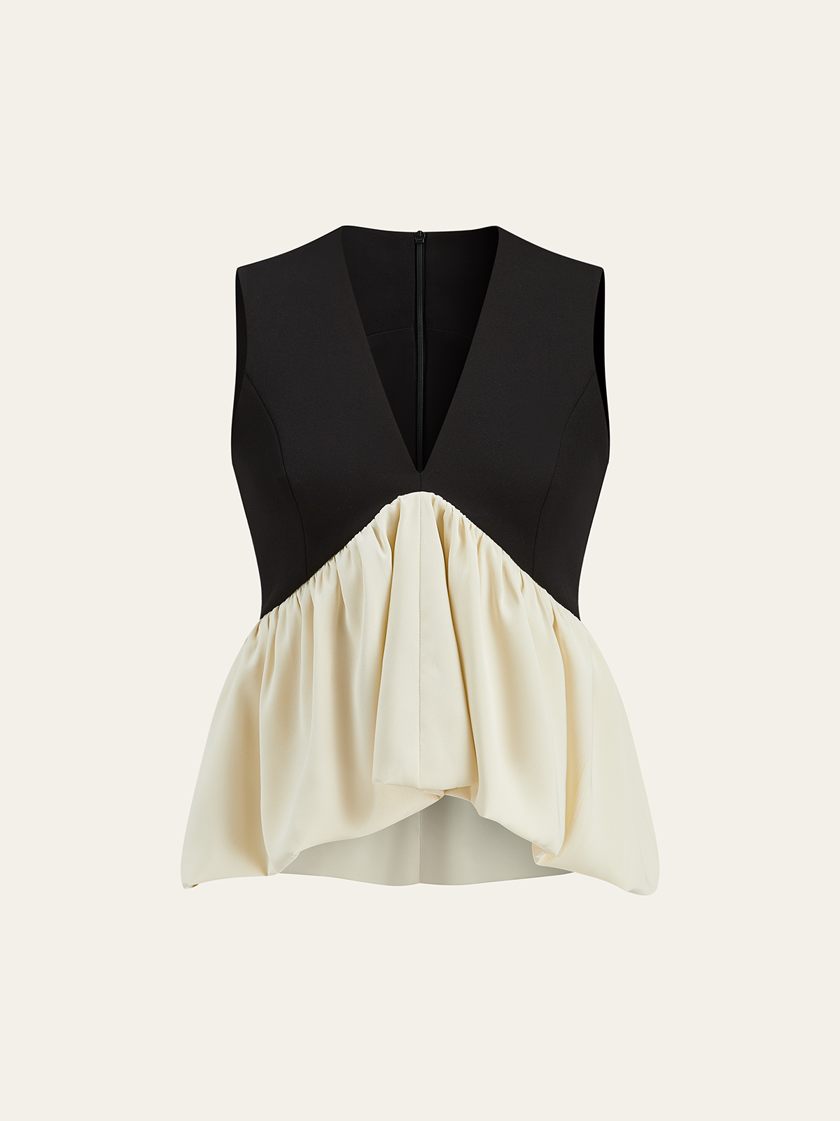 V-Neck Ruffle Hem Contrast Panel Top | COMMENSE