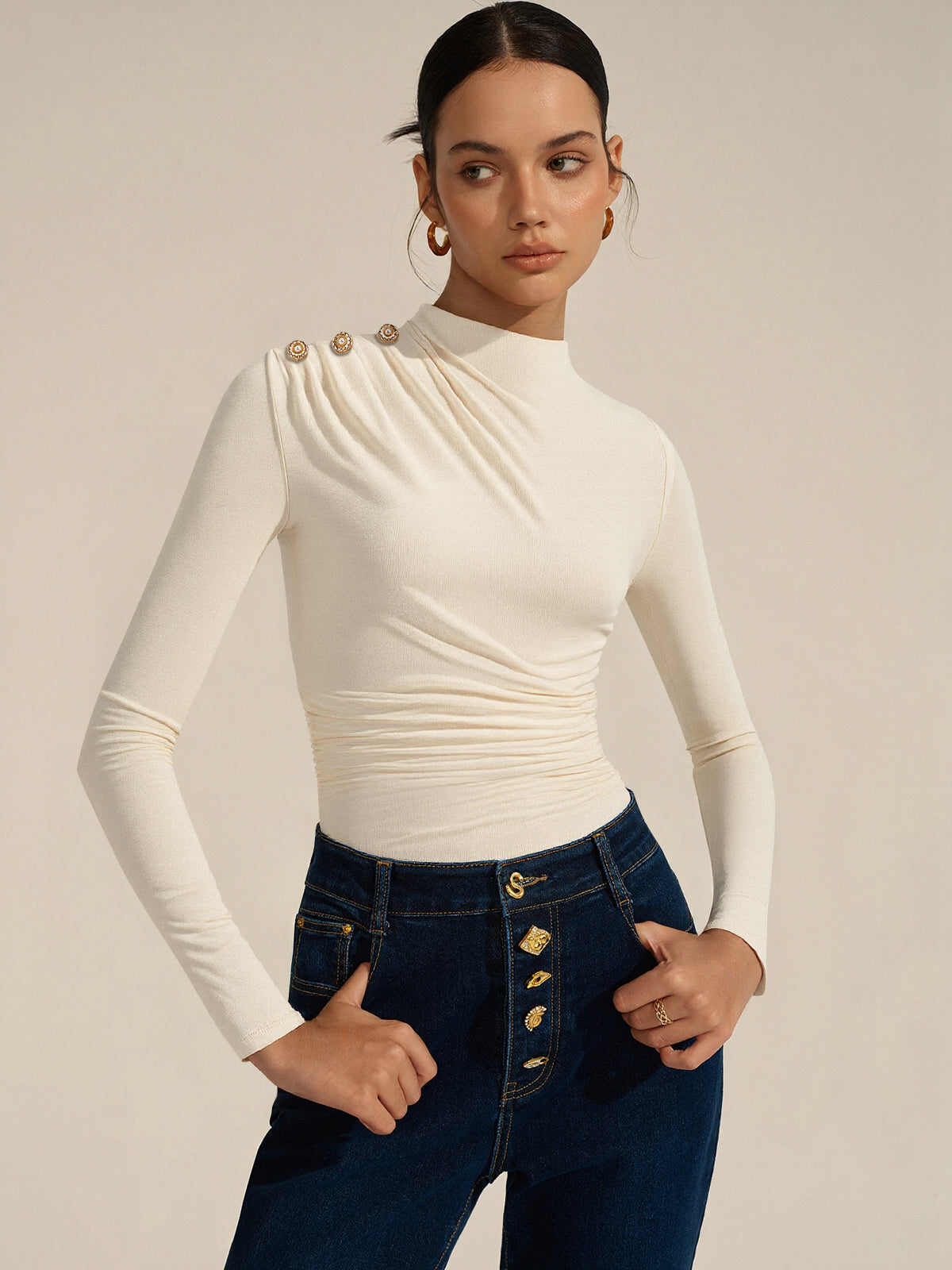 Ruched Shoulder-Decor Long Sleeve Bodysuit | COMMENSE