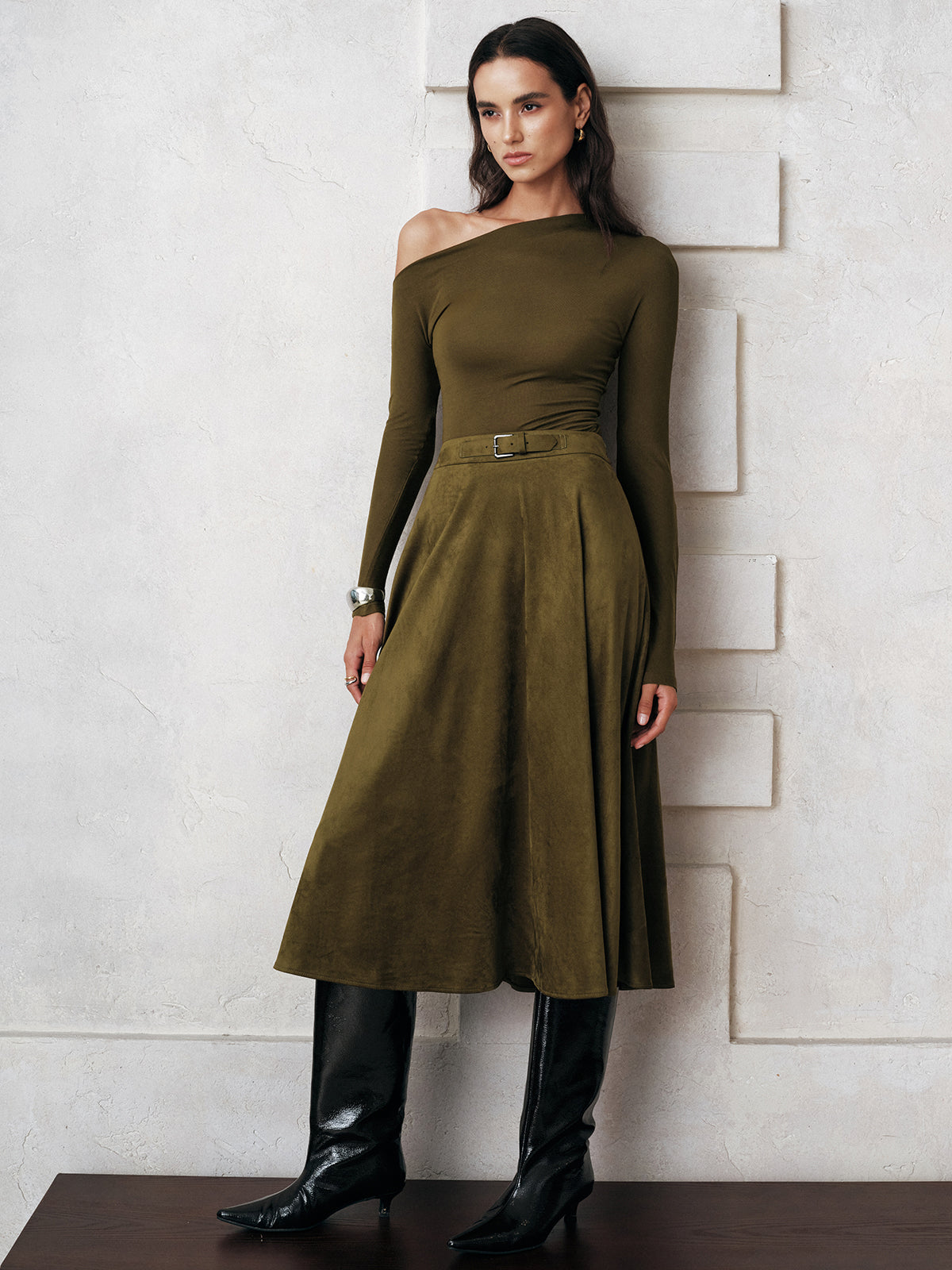 Soft Suede Effect A-Line Midi Skirt | COMMENSE