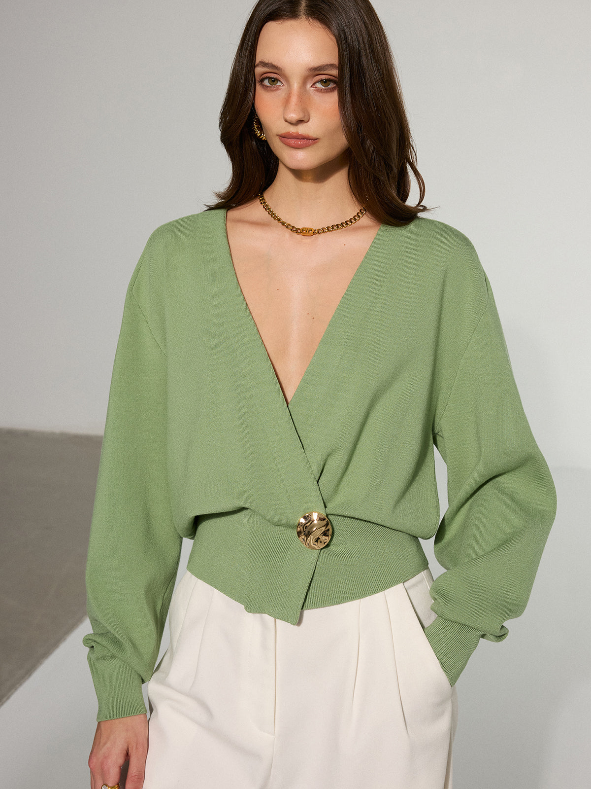 Metal Decor Waisted Knitted Wrap Cardigan | COMMENSE