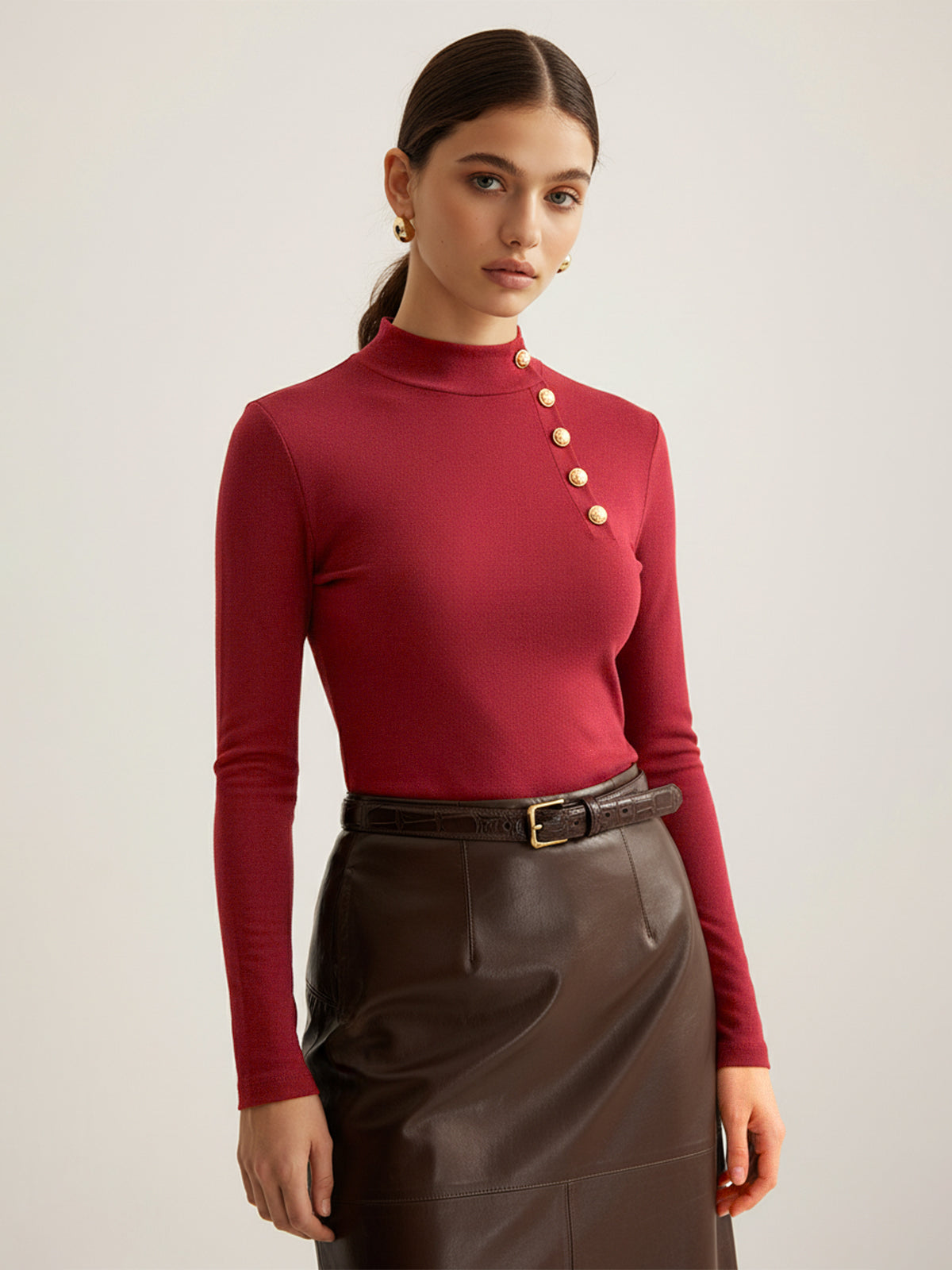 Asymmetric Placket Stand Collar Long Sleeve Blouse | COMMENSE