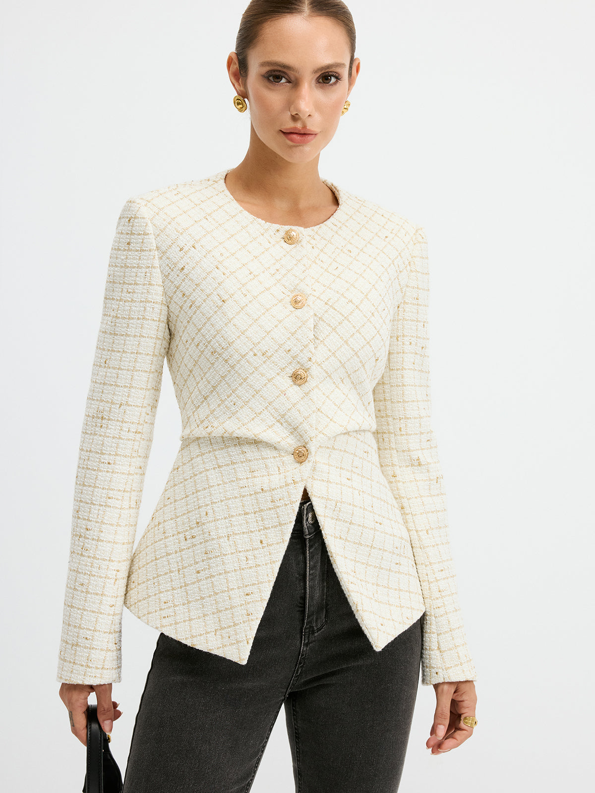 Tweed Round Neck Waist-Cinching Blazer | COMMENSE