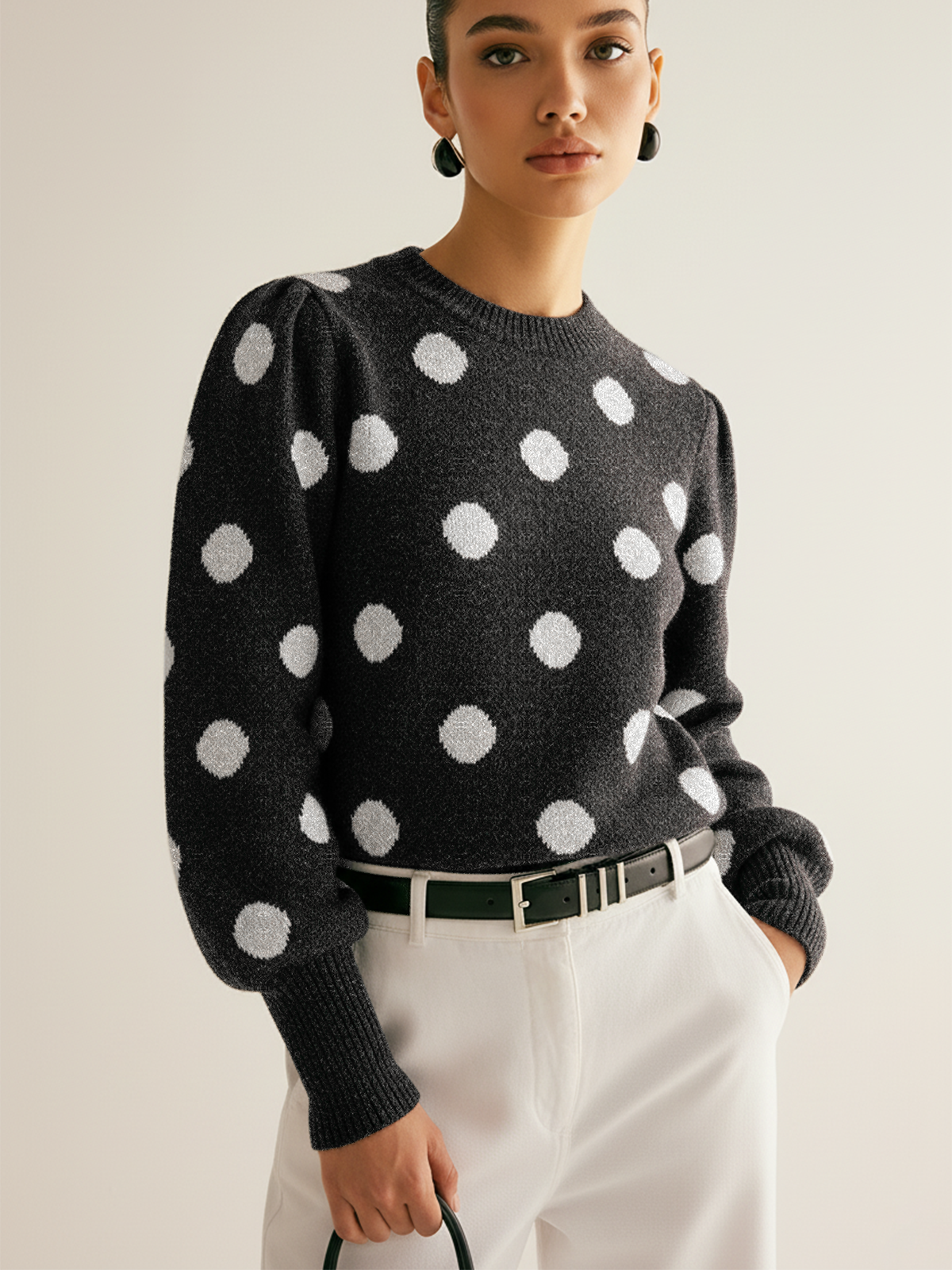 Leg-Of-Mutton Sleeve Polka Dot Wool Blend Sweater | COMMENSE