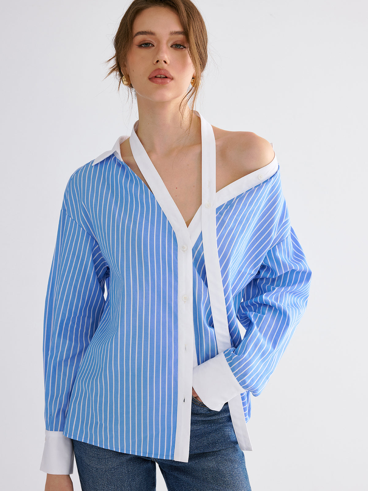 Striped Split-collar Shirt | COMMENSE