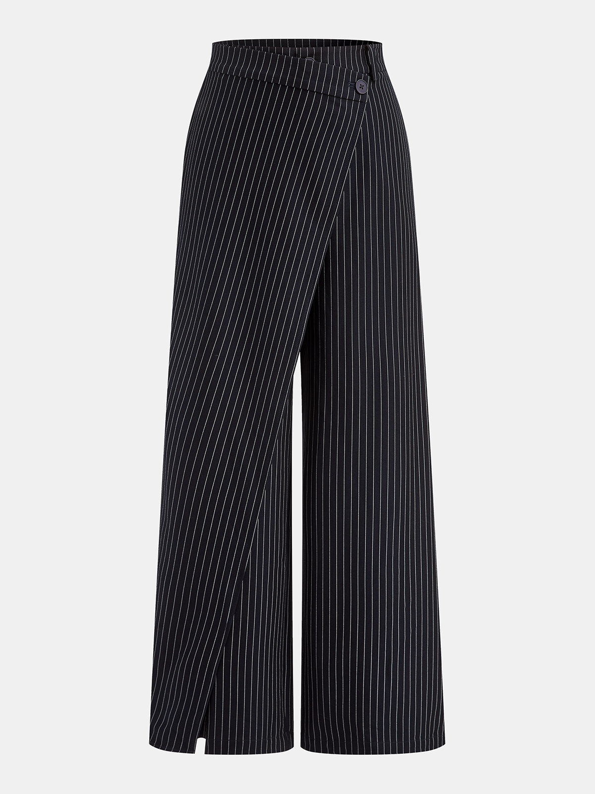 Wide-Leg Pinstriped Asymmetric Placket Pants | COMMENSE