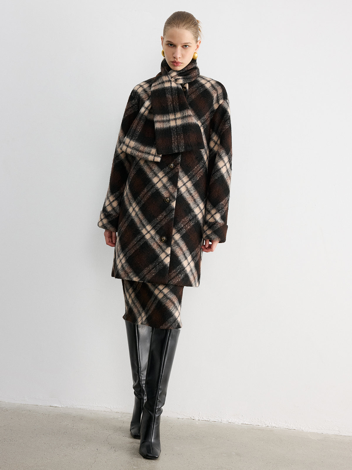 Plaid Wool-Blend Coat with Matching Scarf | COMMENSE