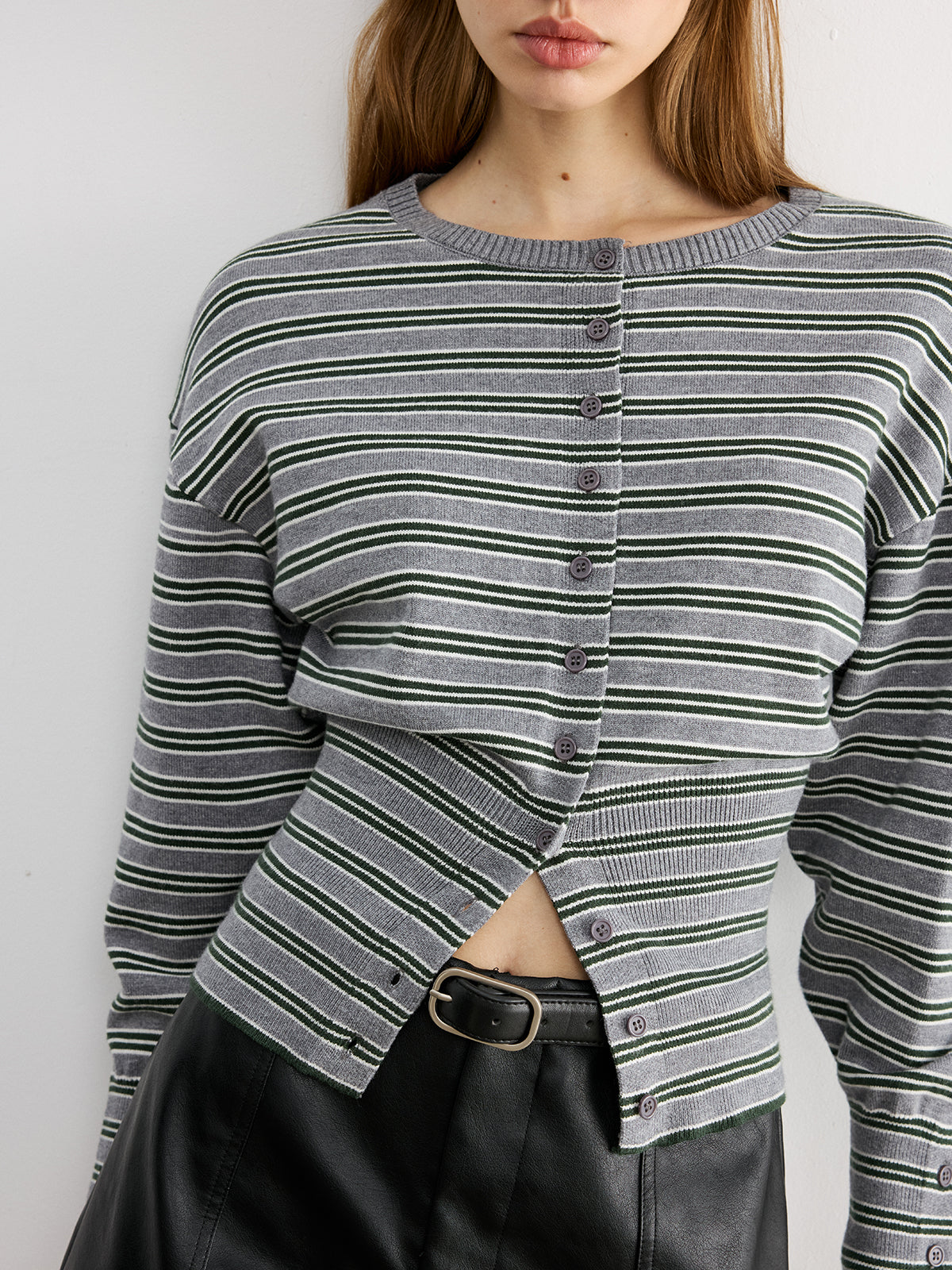 Waist Cinched Stripe Cardigan | COMMENSE