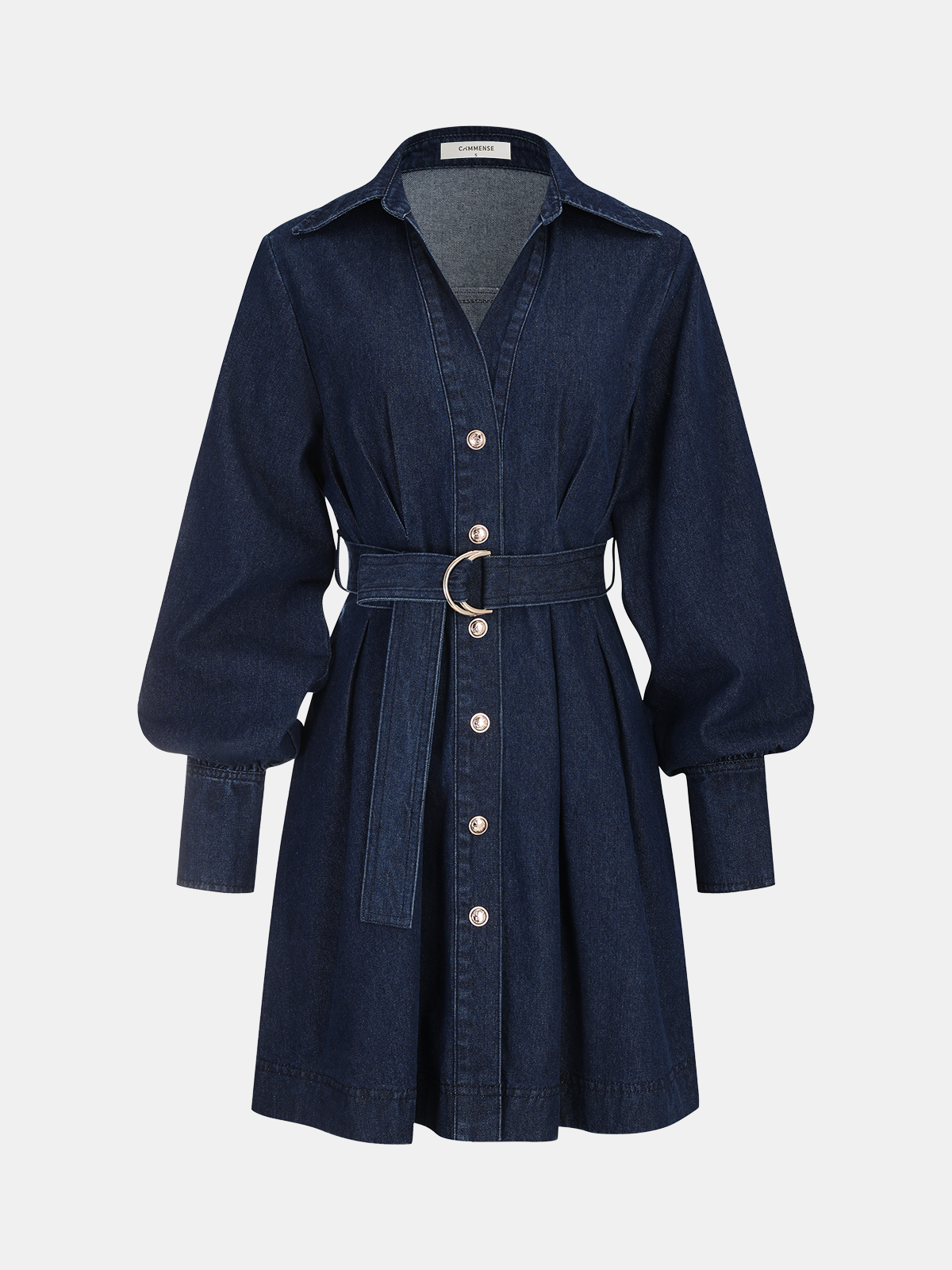 Belted Button-Front Denim Shirt Dress | COMMENSE
