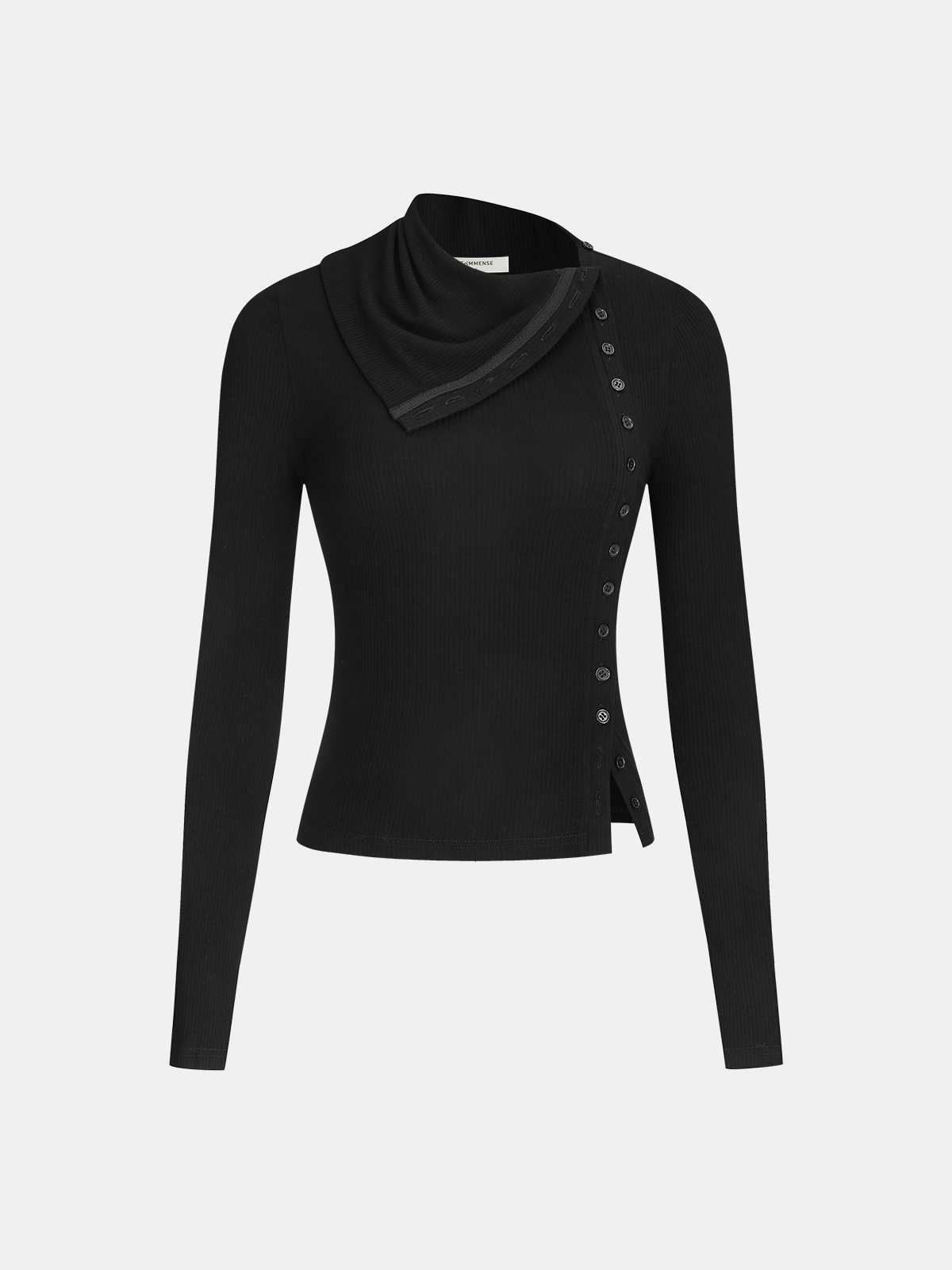 Side Button Asymmetric Lapel Ribbed Knit Top | COMMENSE