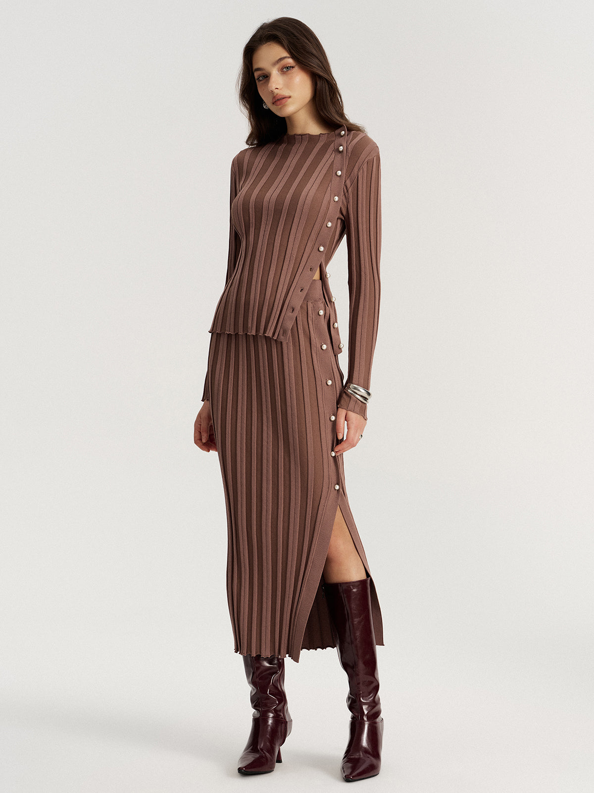 Side Button Knit Top and Midi Skirt Set | COMMENSE
