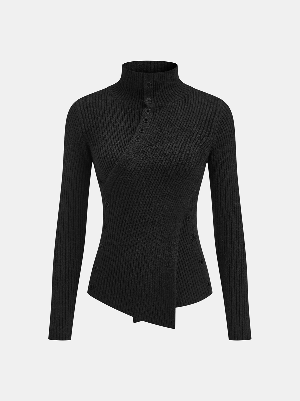 Stand Collar Asymmetric Button Ribbed Knit Top | COMMENSE