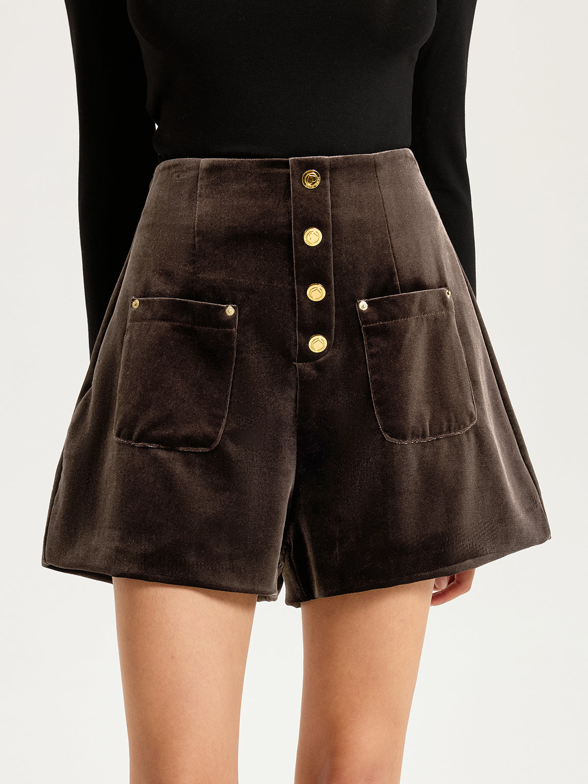 Velvet Mid-Waist Button-Front Shorts | COMMENSE